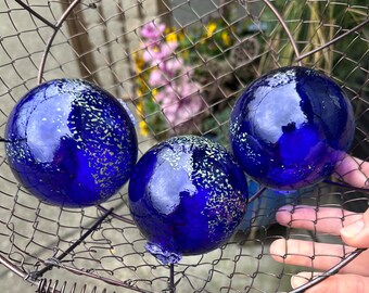 Cobalt Blue White Stripe Floats Set of 3 Small Hand Blown - Etsy