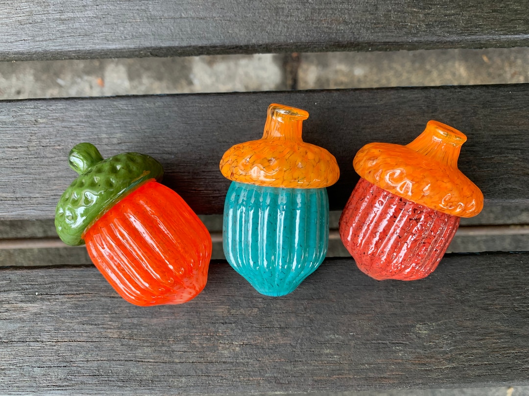 Colorful Glass Acorns, Set of 3 Red Green Orange Turquoise, 3" Oak Seed ...