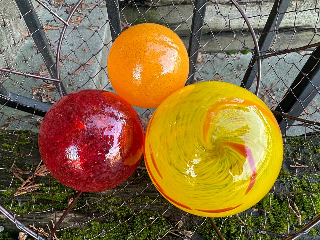 Red Yellow Orange Glass Floats, Set of 3 Hand Blown Outdoor Garden Orb ...