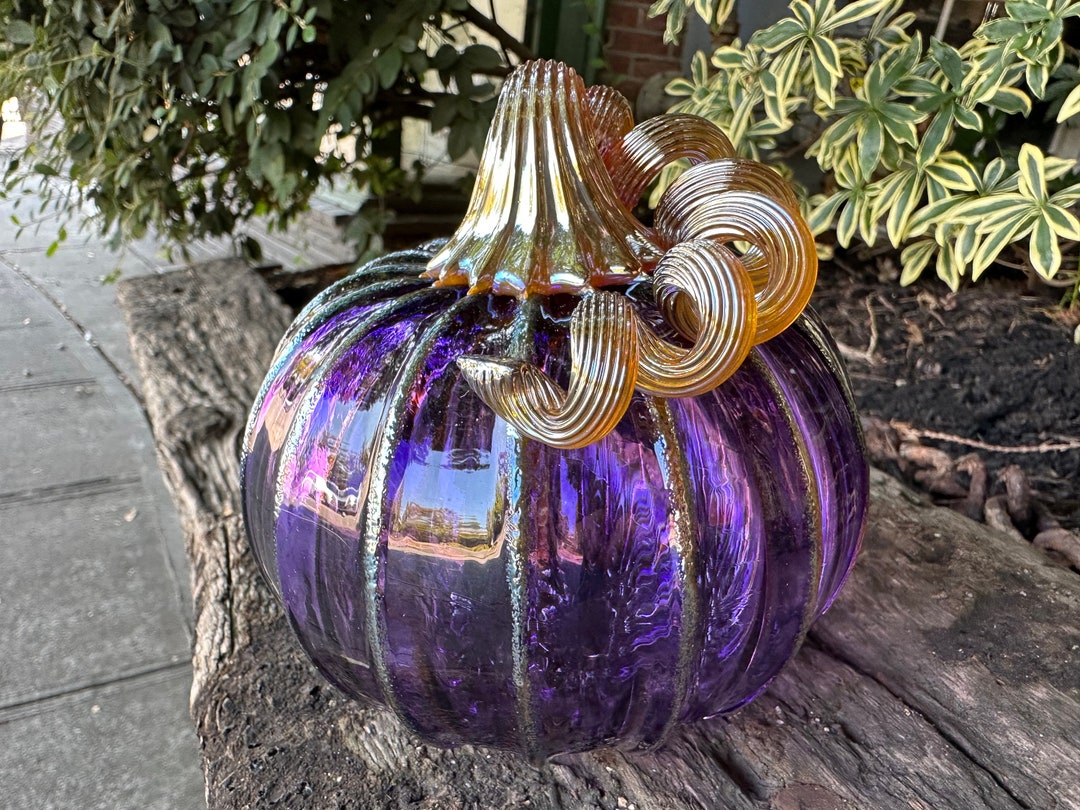 Purple and Gold Blown Glass Pumpkin, 5 Decorative Squash Sculpture ...