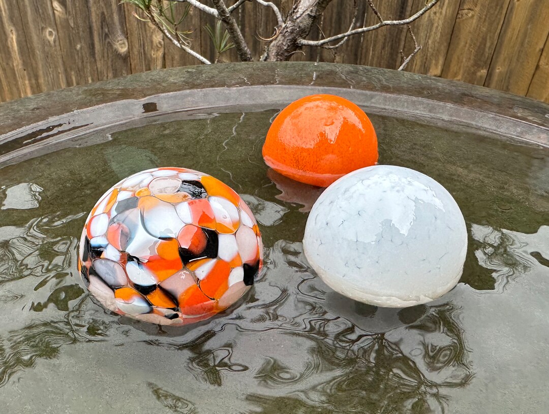 Blown Glass Floats: 3 Orange, White & Black "goldfish" Garden Art Balls ...
