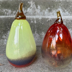 Hand Blown Glass Pears: Red, Yellow, Brown Fruit Sculpture Set, 7" & 8 ...