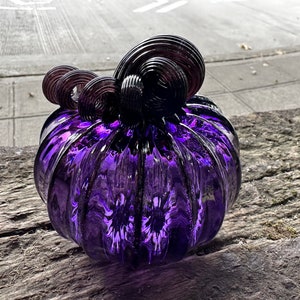 Purple & Black Glass Pumpkin, 4.25 Hand Blown Decorative Gourd ...