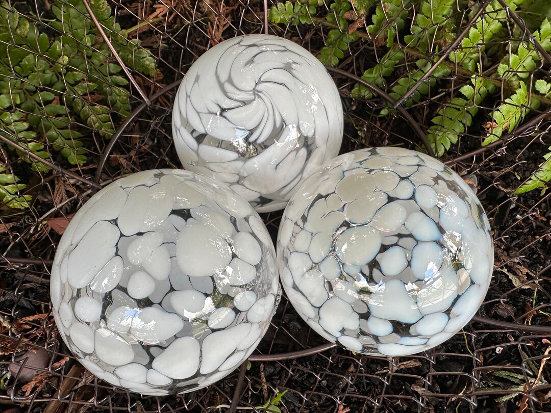 White Spots on Clear Glass Floats, Set of 3 Hand Blown Balls, 3.5 ...