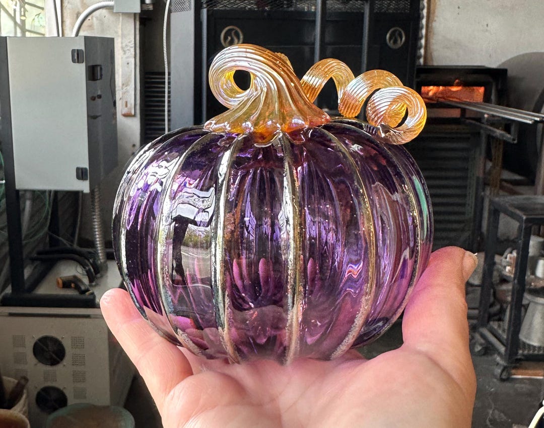 Purple & Gold Blown Glass Pumpkin, 4.25" Decorative Squash Sculpture ...