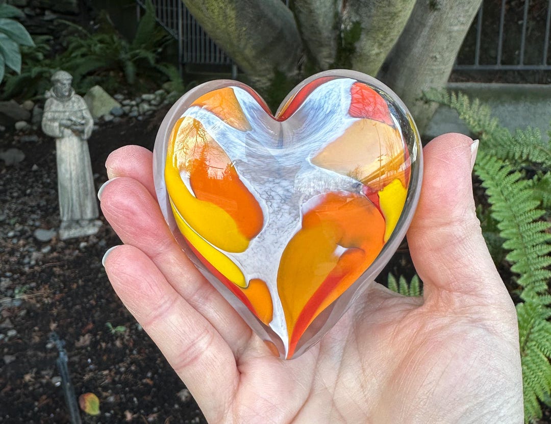 Orange White Yellow Abstract Glass Heart, Solid 3.25" Paperweight Art ...