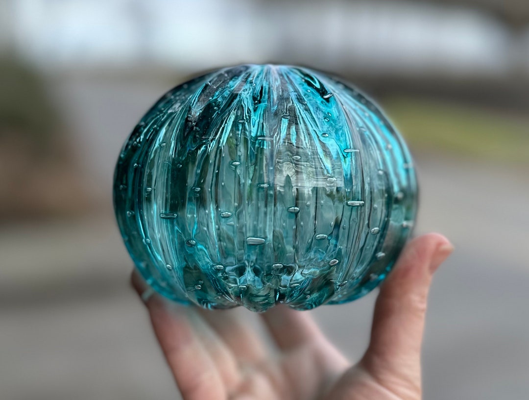 Aqua Sea Urchin Shell Sculpture, 4.5" Decorative Blown Glass Art ...