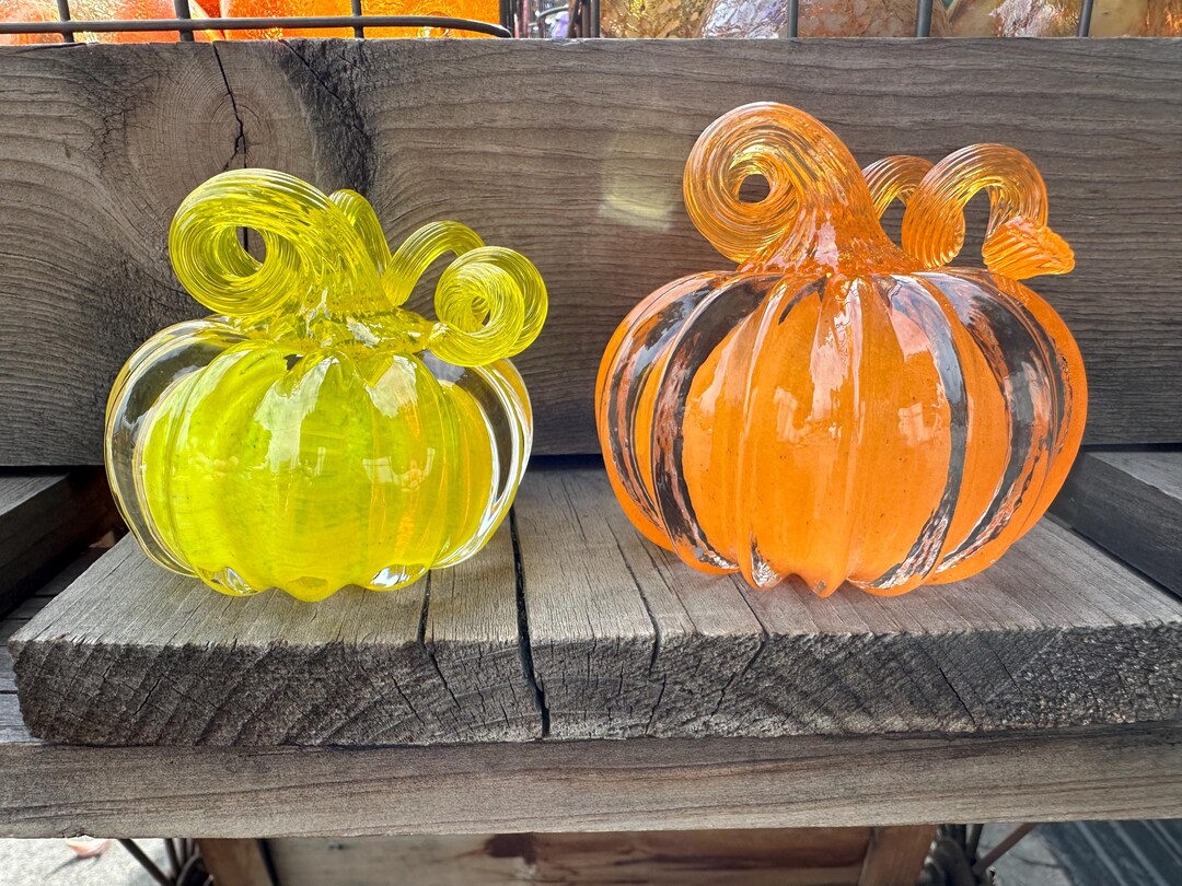 Yellow & Orange Small Glass Pumpkins, Set of 2 Transparent 3 Sculpture ...