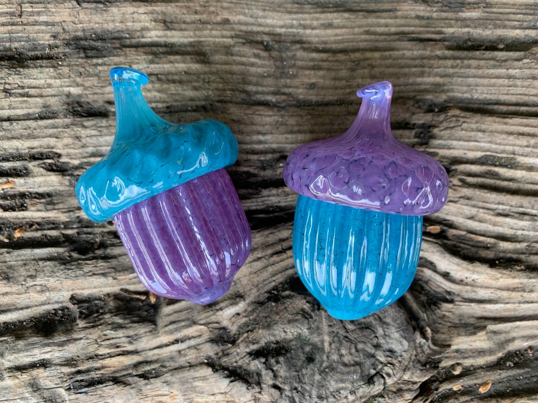 Purple Turquoise Glass Acorns, Set of 2 Seed Pod Sculptures, 3 ...