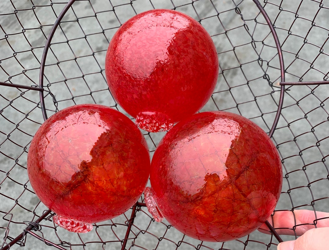 Red Blown Glass Floats: Set of 3 Coastal Decor Balls, 3.5" Orbs ...