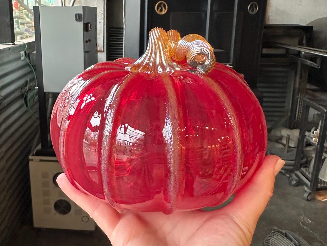 Large Garnet Red Glass Pumpkin, Hand Blown 6.25" Squash Sculpture, Gold ...
