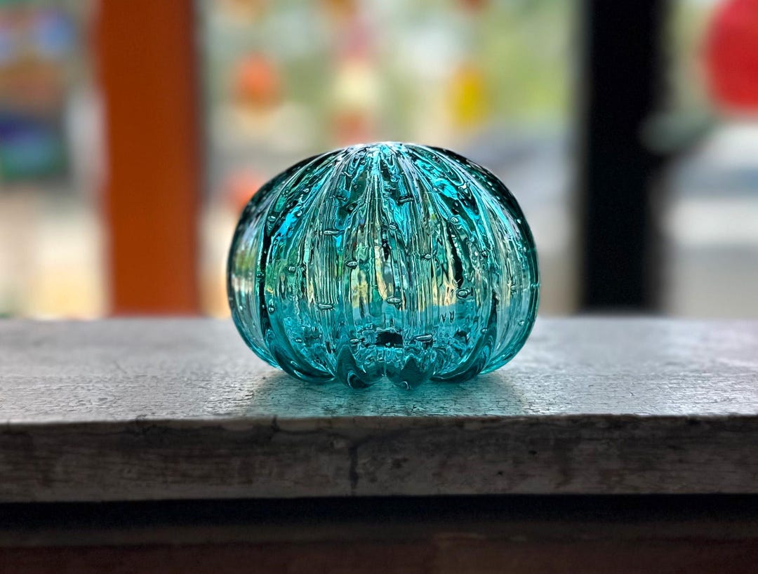 Aqua Sea Urchin Shell Sculpture, 3.5" Decorative Blown Glass Art ...