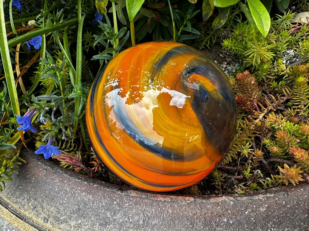 Blue Fire Float, 4.375" Orange Twist Glass Ball, Hand Blown Garden Art ...