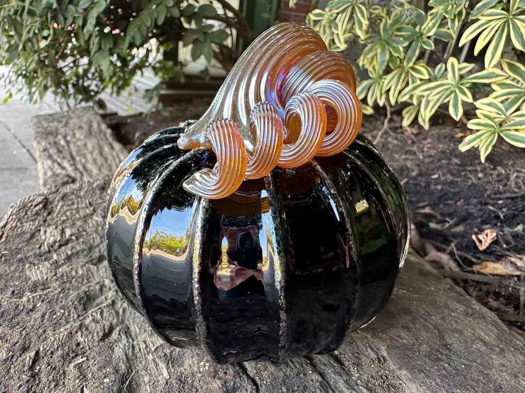 Black and Gold Glass Pumpkin, 4.25" Hand Blown Squash Sculpture, Coil ...