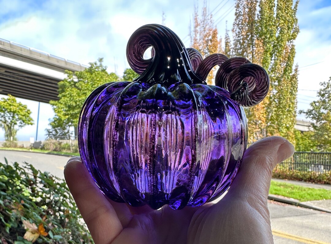 Purple & Black Glass Pumpkin, 3.75 Hand Blown Decorative Gourd ...
