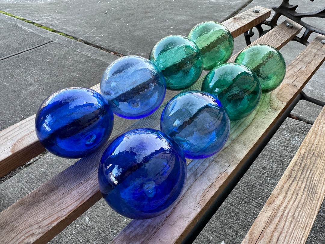 Beach Glass Floats: Set of 8, Hand Blown Blue & Green Garden Spheres ...