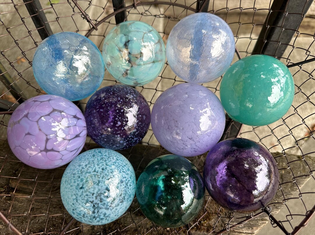 Blown Glass Floats: 10 Purple & Turquoise Coastal Decor Garden Balls, 2 ...