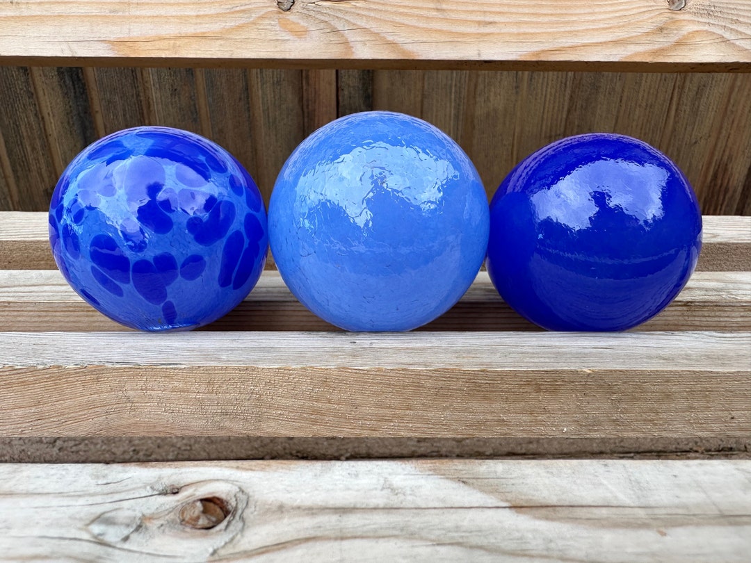 Lapis and Light Blue Floats, Set of 3 Blown Glass 2.5 Balls, Outdoor ...