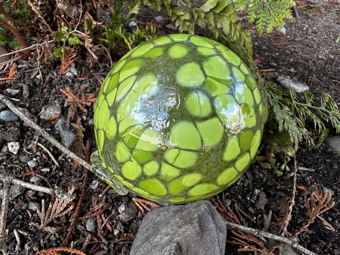 Green Camo Spots Glass Float, 3.5" Hand Blown Pond Ball, Chartreuse Olive Green Garden Orb ...