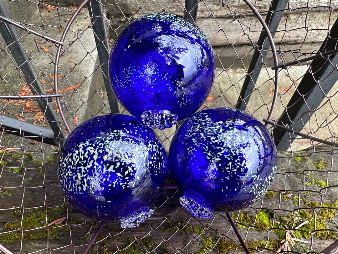 Cobalt Blue Glass Floats, Set of 3 milky Way Garden Balls, Coastal ...
