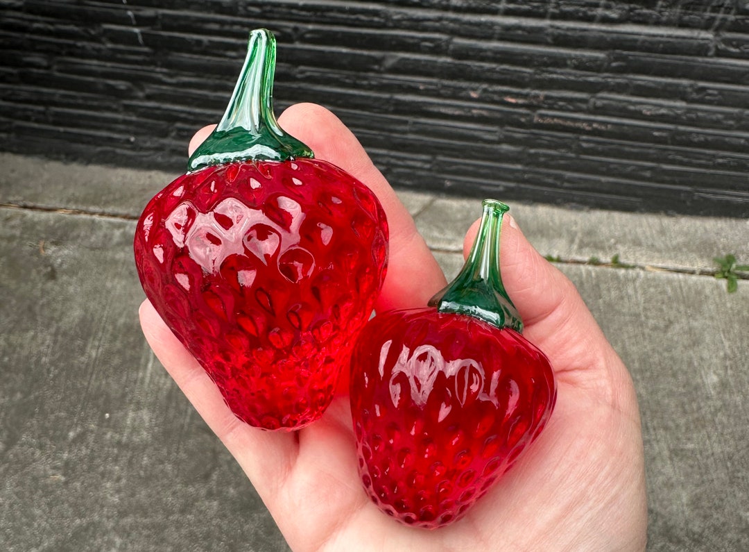 Glass Strawberry Sculptures, Set of 2 Red Berry Fruit 3.5" Paperweights ...
