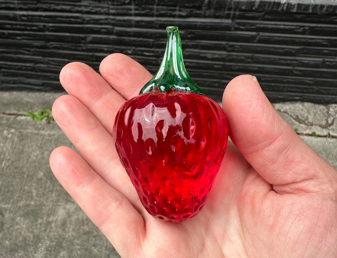 Glass Strawberry, 3" Red Berry Fruit Sculpture With Green Stem Solid ...