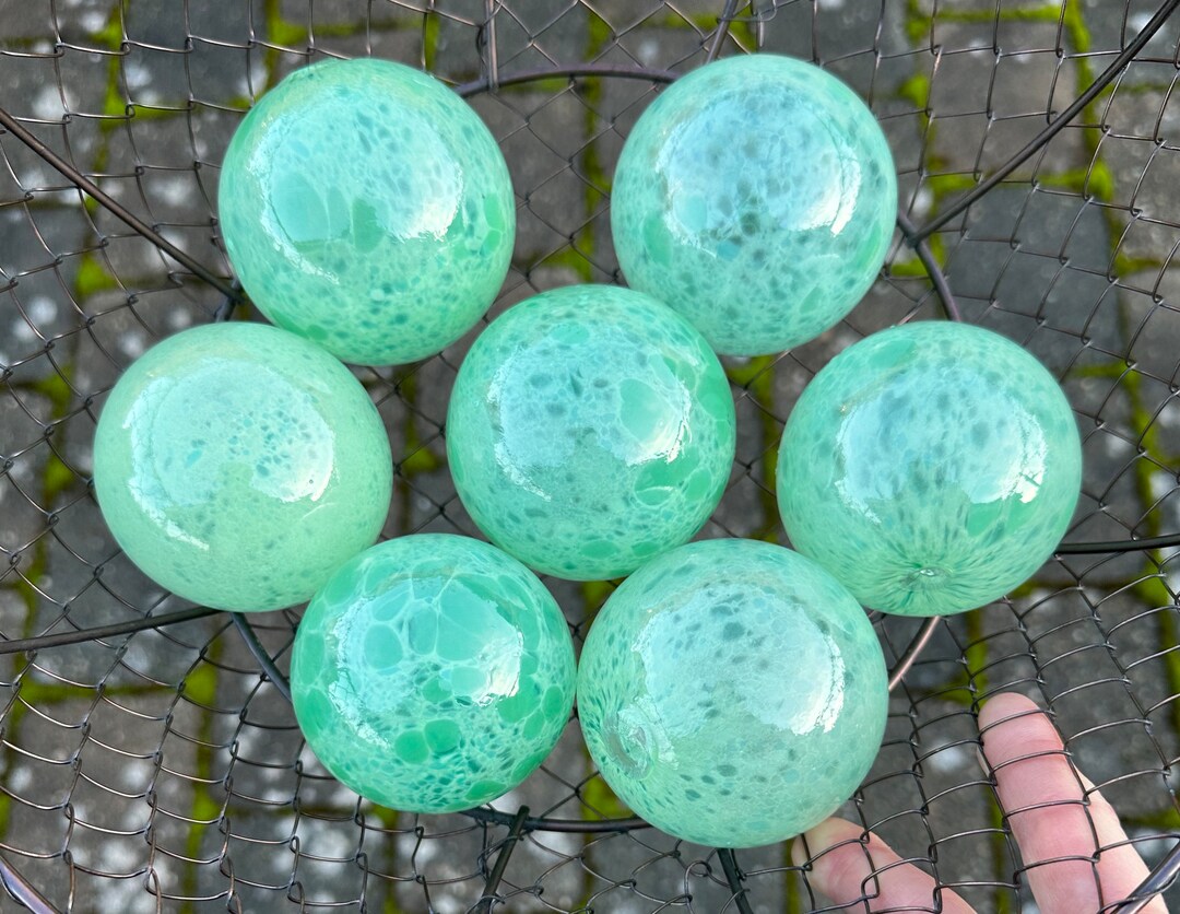 Set of 7 Speckle Green Glass Centerpiece Balls, Coastal Sea Foam Floats ...