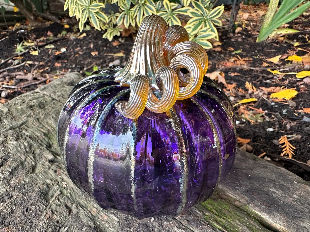 Purple & Gold Hand Blown Glass Pumpkin, 4.5 Decorative Squash Sculpture ...