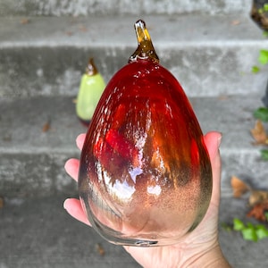 Hand Blown Glass Pears: Red, Yellow, Brown Fruit Sculpture Set, 7" & 8 ...