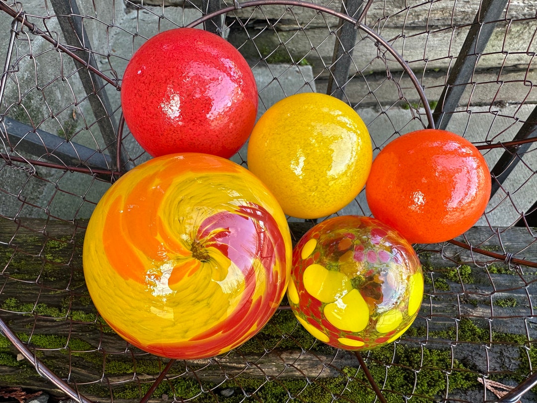 Red Yellow Orange Glass Floats, Set of 5 Hand Blown Outdoor Garden Orb ...