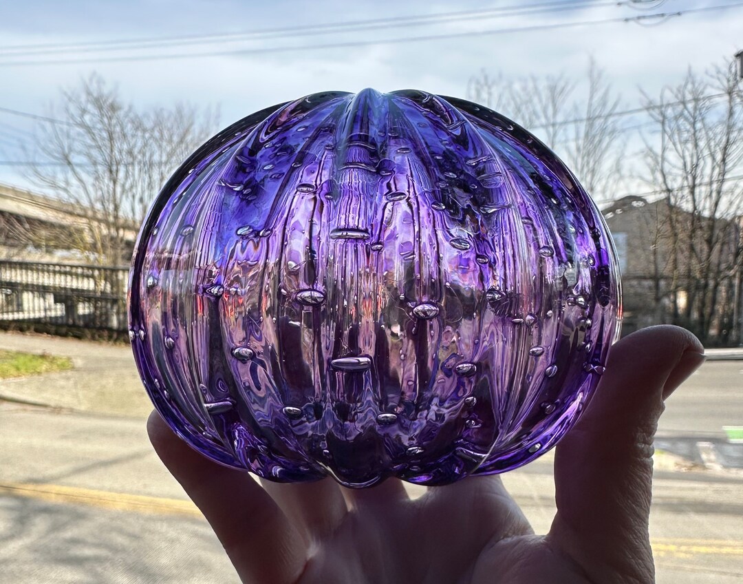 Purple Sea Urchin Shell Sculpture, 4.25" Blown Glass Decor Art Seashell ...