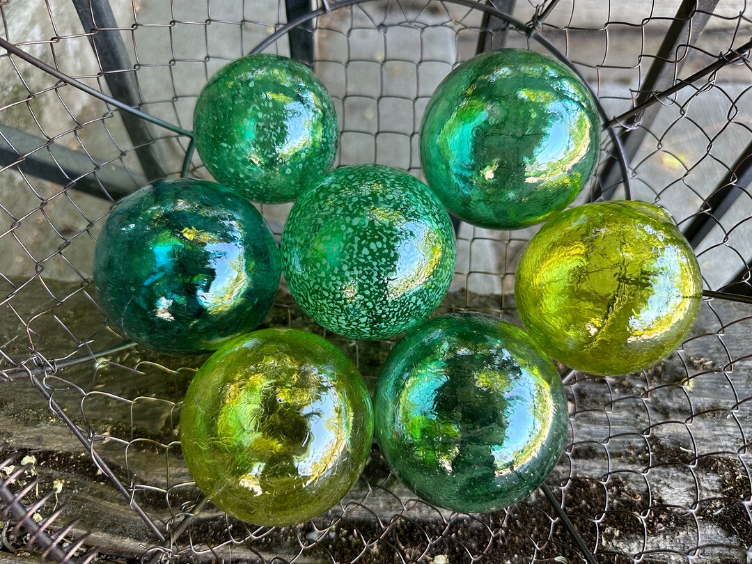 Green Glass Stack Balls, Set of 7 Emerald Lime Decor Spheres Basket ...