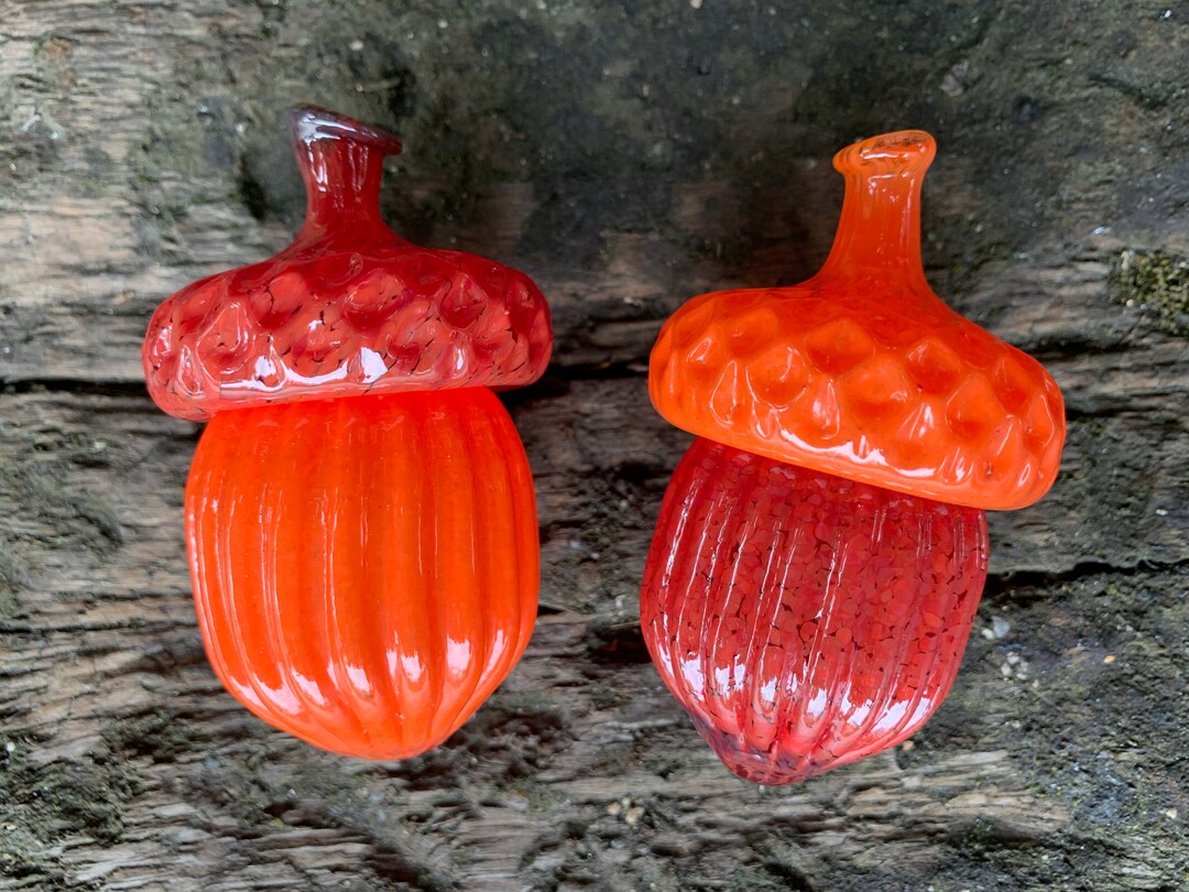 Red & Orange Glass Acorns, Set of 2 Seed Pod Sculptures, 3.25 ...