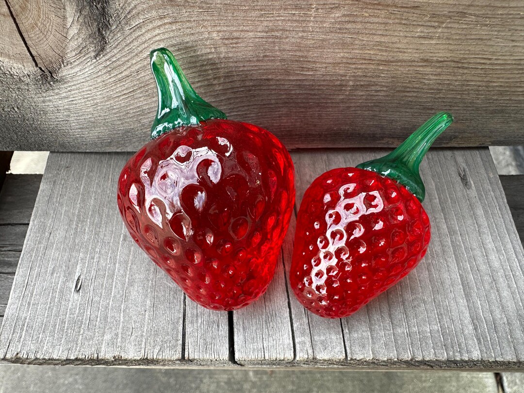 Glass Strawberries, Set of 2 Red Berry Fruit 3" Paperweight Sculptures ...