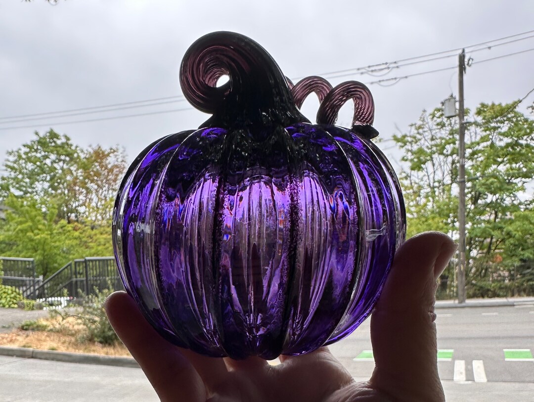 Purple & Black Glass Pumpkin, 4.25 Hand Blown Decorative Gourd ...