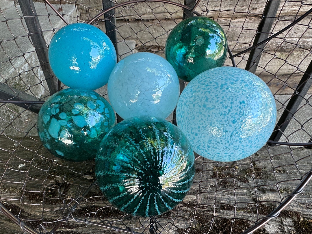 Aqua Blue Turquoise Glass Floats, Set of 6 Nautical Pond Balls, Garden ...