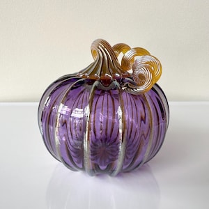 Purple & Gold Blown Glass Pumpkin, 4.25" Decorative Squash Sculpture ...