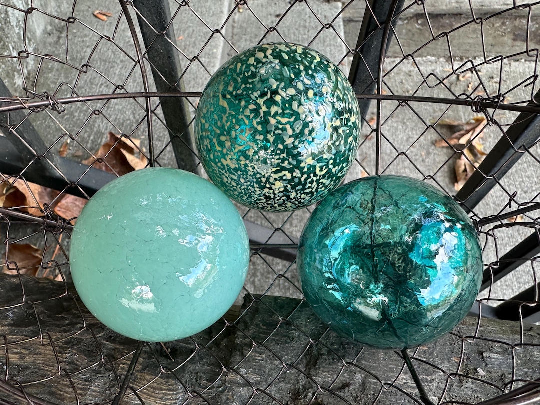 Smallest Turquoise Glass Balls, Green Blue Set of 3 Spheres, Coastal ...