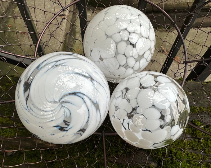 White Spots on Clear Glass Floats, Set of 3 Hand Blown Balls, Outdoor ...