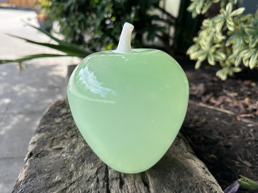 Blown Glass Apple, Celadon Jade Green With White Stem, Tabletop Art ...