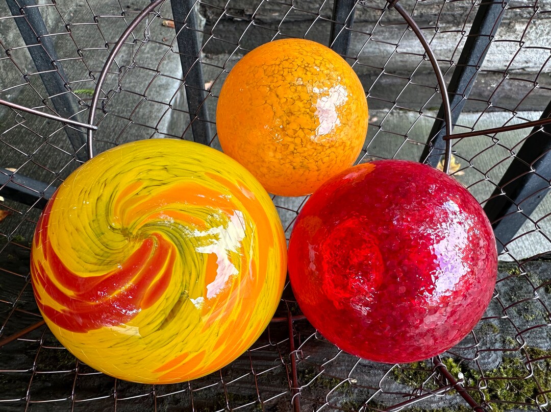 Red Yellow Orange Glass Floats, Set of 3 Hand Blown Outdoor Garden Orb ...