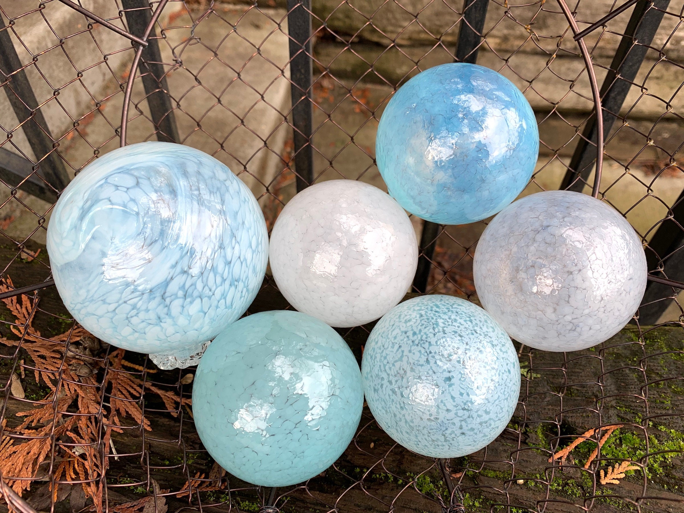 Airy Blue and White Blown Glass Balls Set of Six Translucent | Etsy