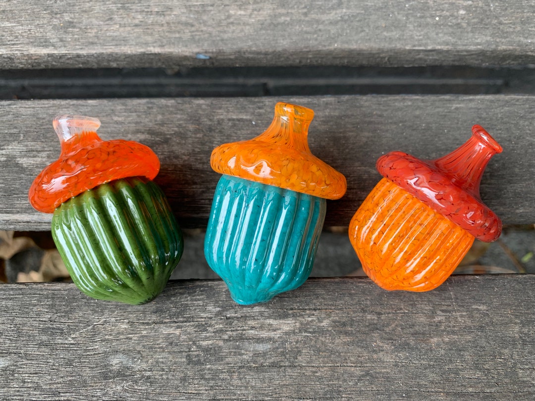 Set of 3 Glass Acorns, Red Green Orange Turquoise Seed Pod Sculptures ...