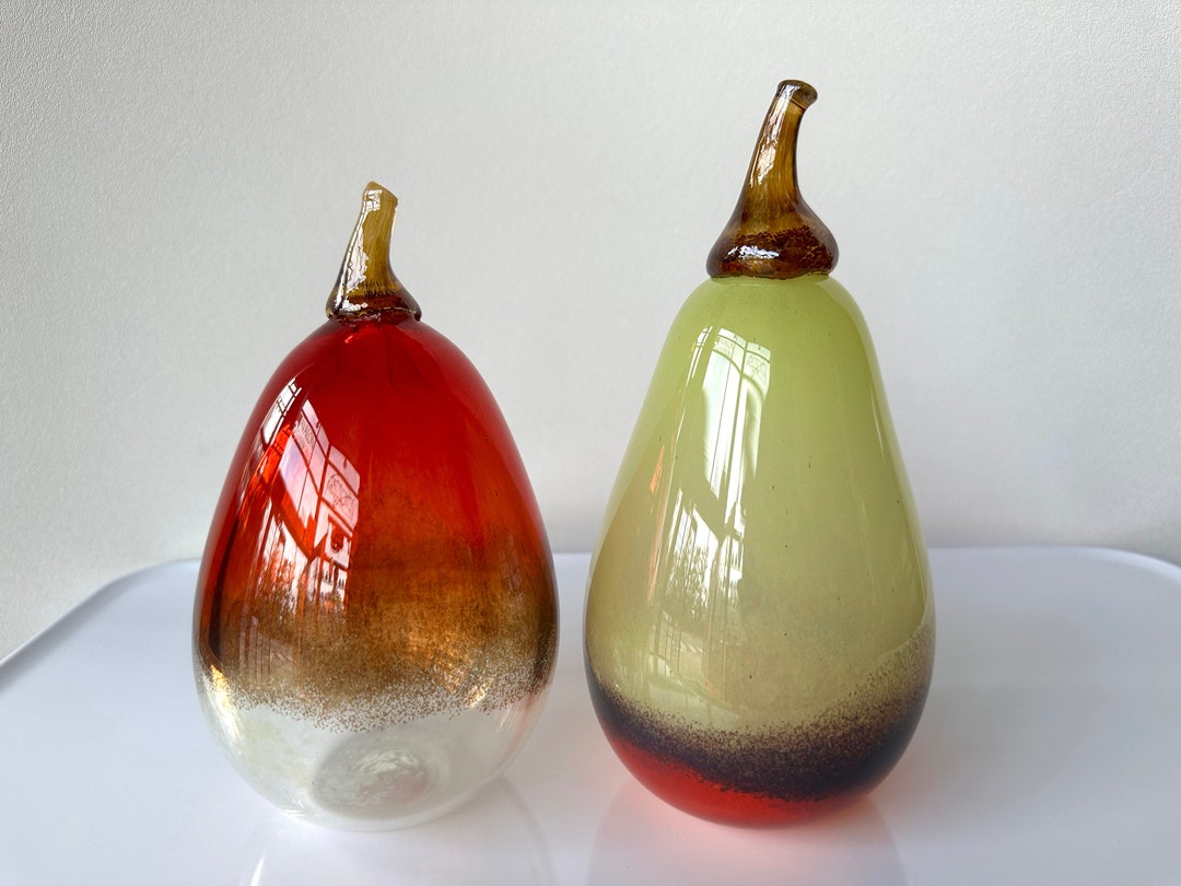 Hand Blown Glass Pears: Red, Yellow, Brown Fruit Sculpture Set, 7" & 8 ...
