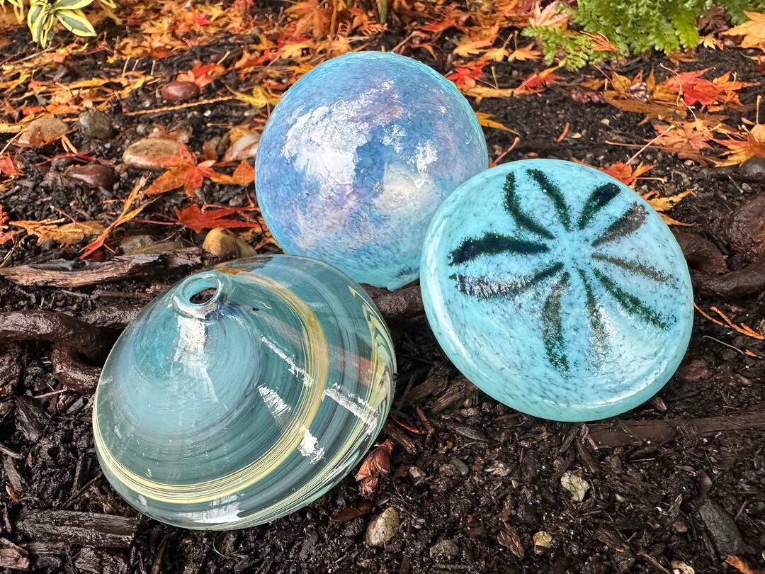Light Blue Glass Sea Shell Set, 3 Piece Beach Art Sculptures, Blown ...