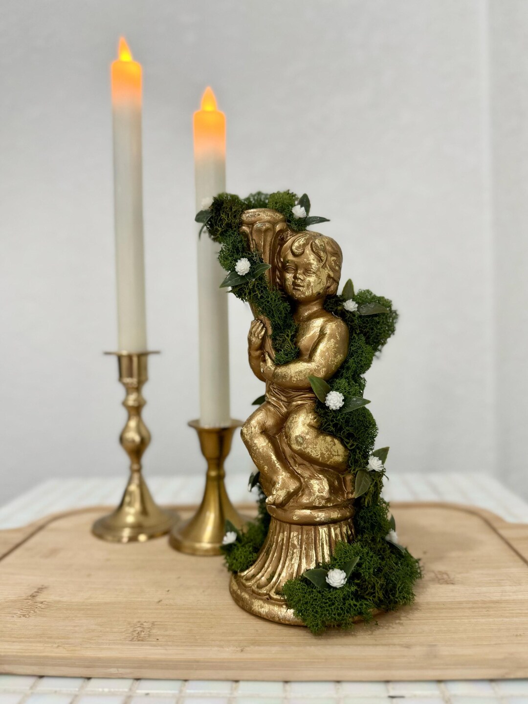 Handmade Moss and Faux Floral Arrangement on Thrifted Gold Angel Baby ...