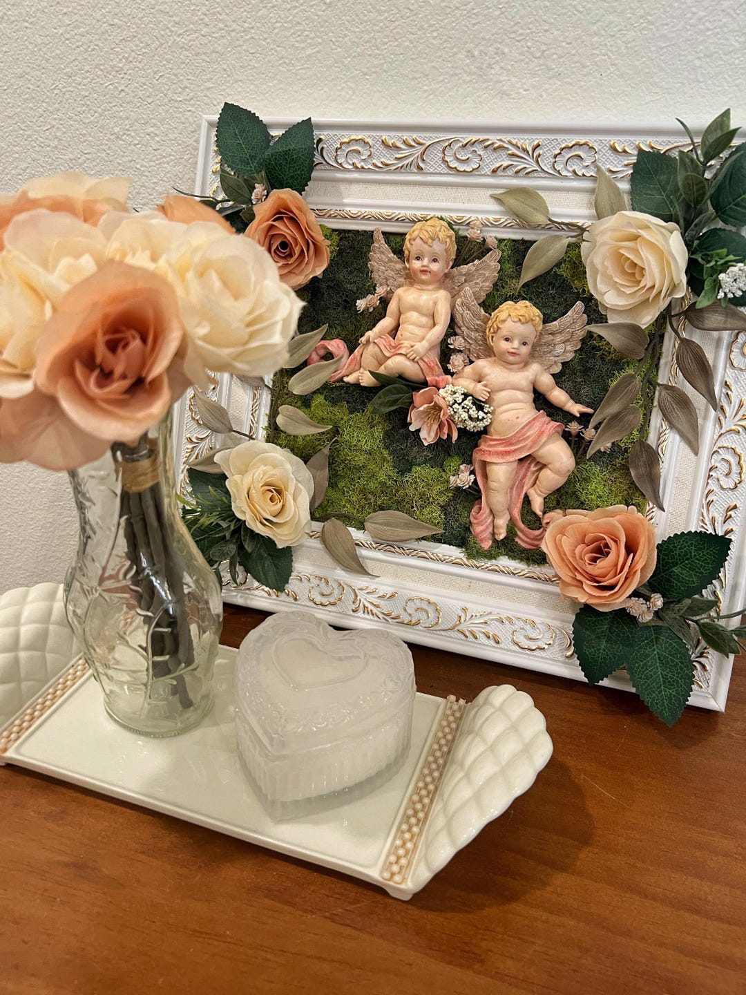 Handmade Cherub Angel & Faux Floral Moss Art in Vintage Frame - Etsy