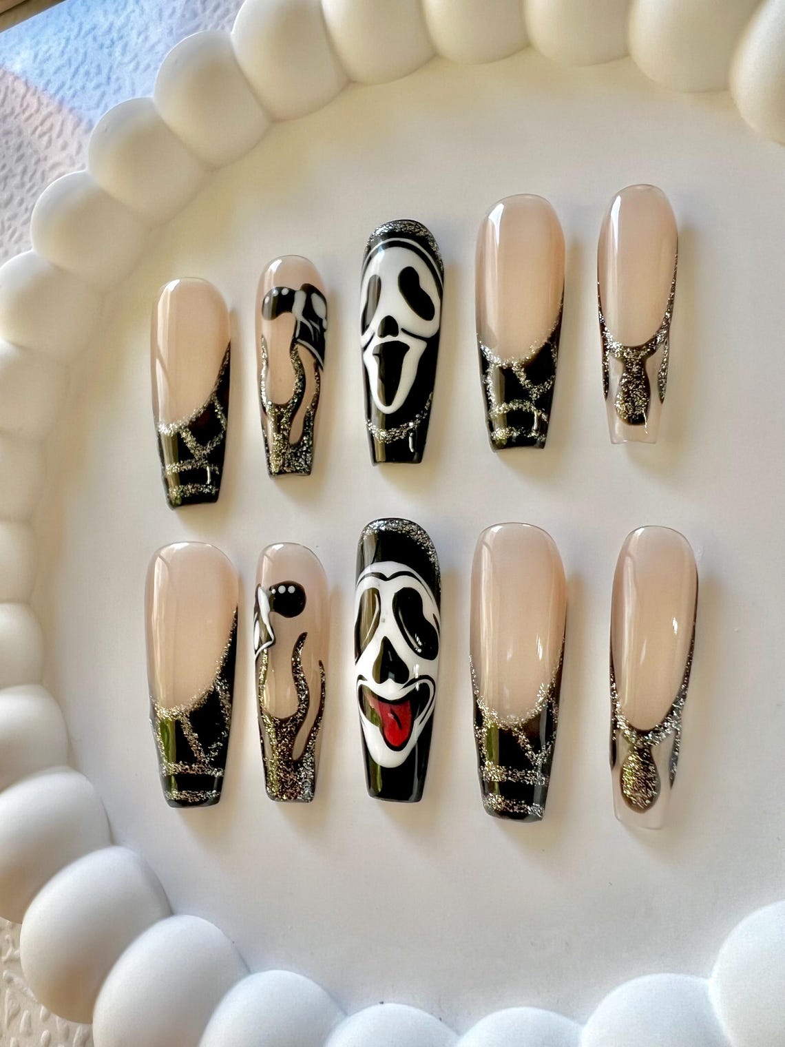Halloween Press on Nails, Skull Design, Gothic Coffin Fake Nails, Press ...