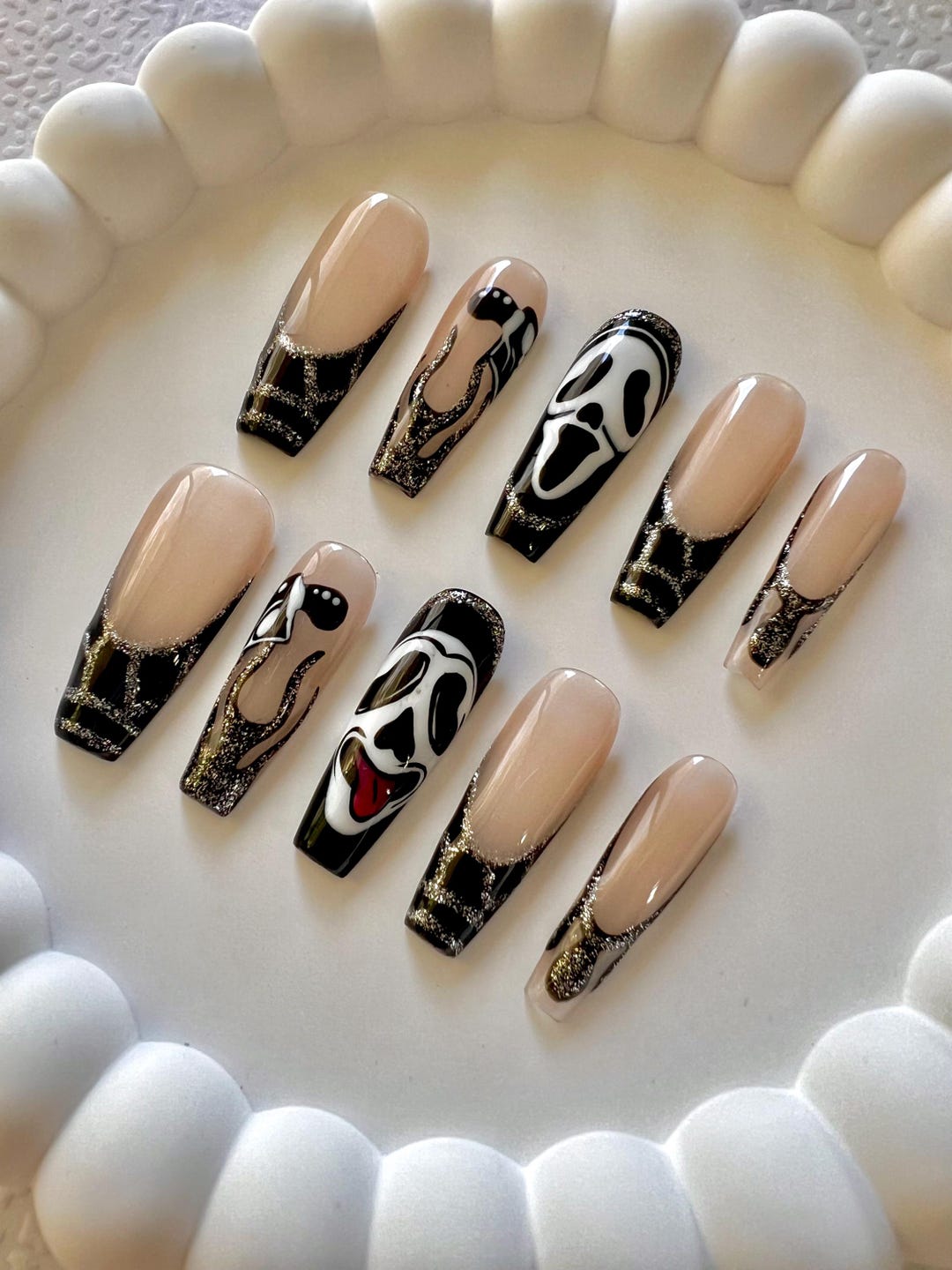 Halloween Press on Nails, Skull Design, Gothic Coffin Fake Nails, Press ...