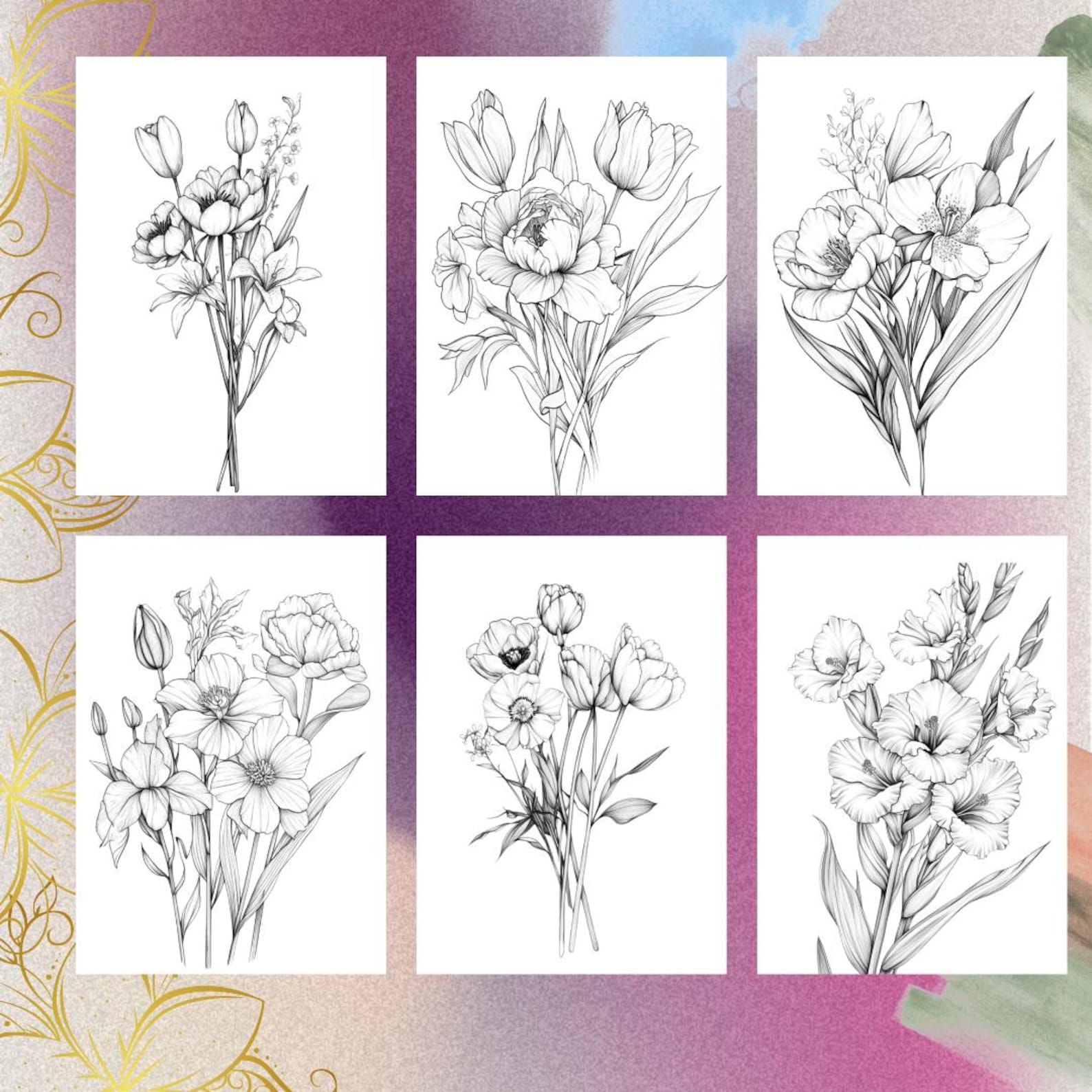 100 Printable Coloring Pages With Colors, Coloring Book, Adults + Kids ...